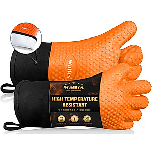 Walfos Silicone BBQ Gloves - Heat Resistant Grilling Gloves, Premium Non-Slip Kitchen Oven Mitt with Protective Cotton Layer Inside, Waterproof, Great for Grilling, Kitchen and Cooking, Orange