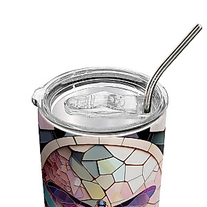 ORCAE 20oz Pink Crystal Stained Glass Flower Dragonfly Tumbler, Gifts for Dragonfly Lovers, Coffee Thermos for Women, Stainless Steel Double Wall Vacuum Insulated Coffee Mug, Travel Cup with Lid - E