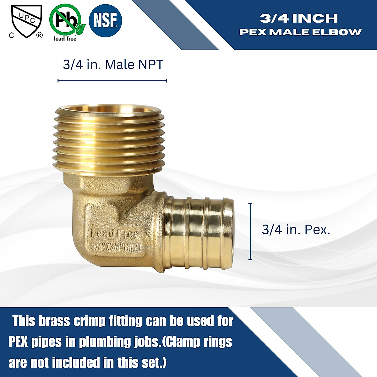 5 PIECES XFITTING 3/4" PEX X 3/4" MALE NPT THREADED ELBOW 90 DEGREE BRASS BARBED CRIMP FITTING - BRASS, FULL PORT