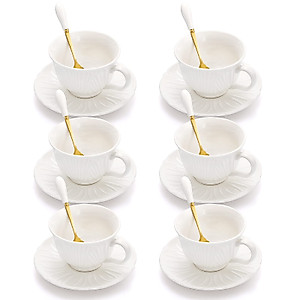 Okllen Set of 6 Royal Tea Cups and Saucers, 8 Oz Large Cappuccino Cups Set with Spoon, White Porcelain Tea Cup Set British Coffee Cups for Latte, Cafe Mocha, Cappuccino, Tea Party