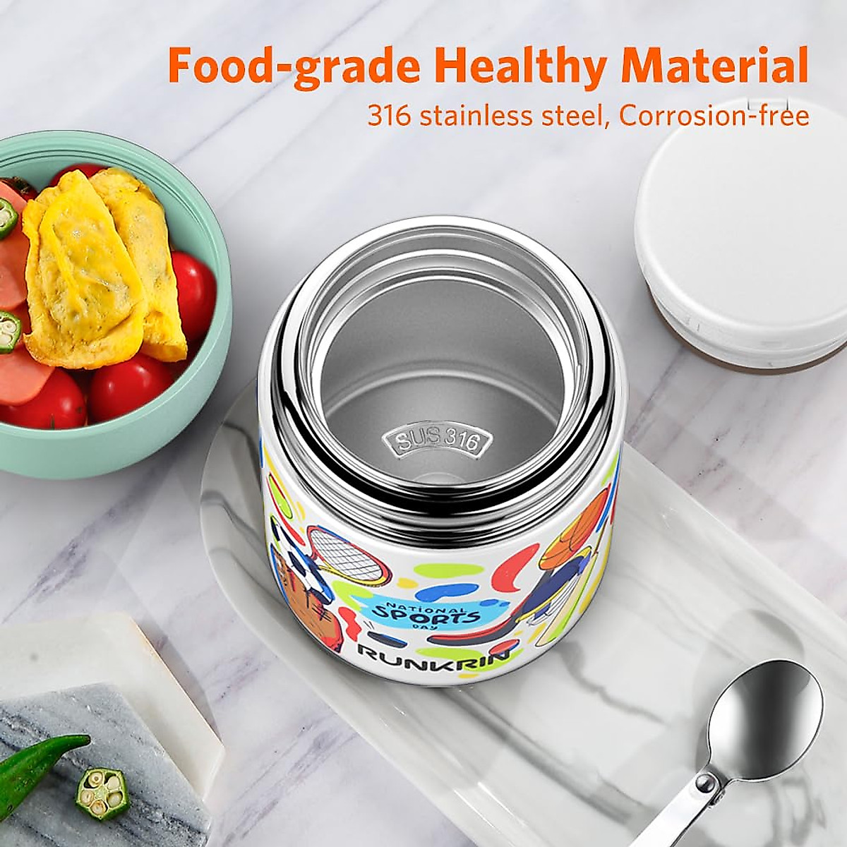 Insulated Food Jar for Hot Food, Runkrin 16oz Thermos Vacuum Double Wall Lunch Container with Spoon, Leak Proof Stainless Steel Thermal Bento Box for Kids Boys Girls Adults