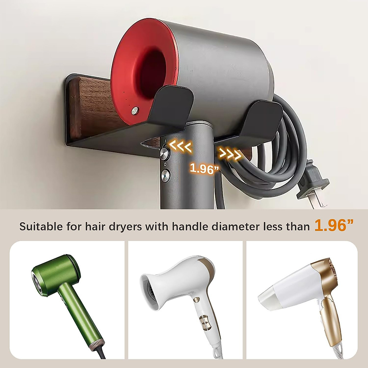 EHERDM Wall Mounted Hair Dryer Holder with Storage Bag Drill-Free Adhesive Blow Dryer Holder Walnut Bathroom Storage Shelf Solid Wood Storage Rack for Home Black