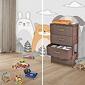 DHMAKER Fabric Dresser for Bedroom, Vertical Dresser Storage Tower, Steel Frame, Wood Top, Easy Pull Textured Fabric Bins, Organizer Unit for Bedroom, Hallway, Entryway, Closets, 4 Drawers, Coffee