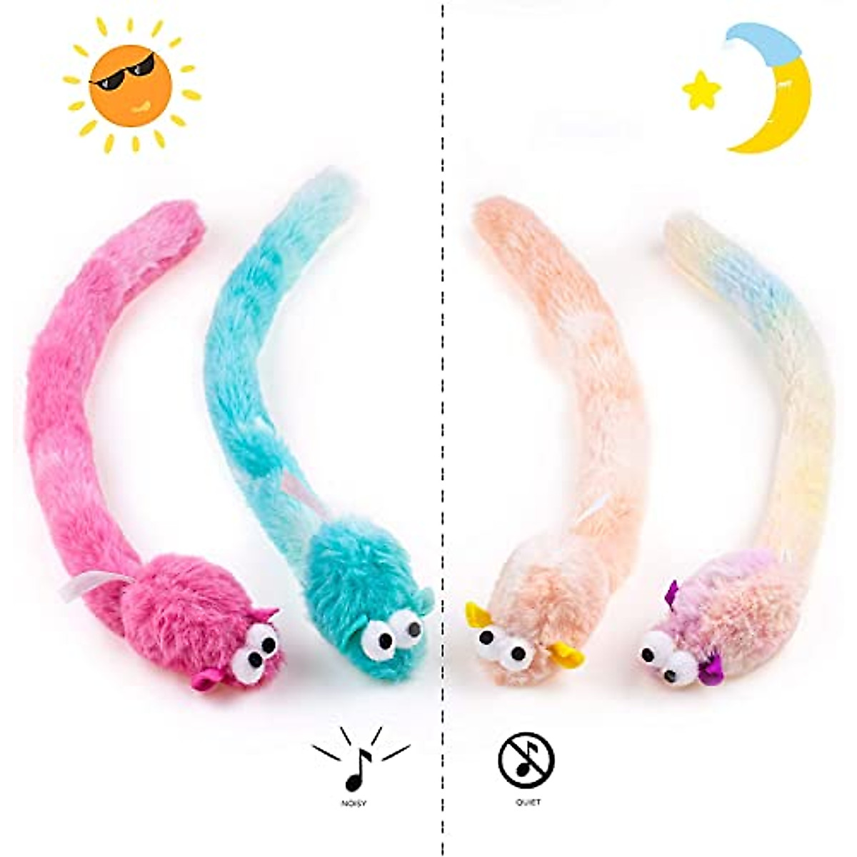 CHIWAVA 4 Packs 15 Inch Long Soft Plush Cat Toys Mice with Bell Rustle Sound Small Mouse Activity Interactive Toy