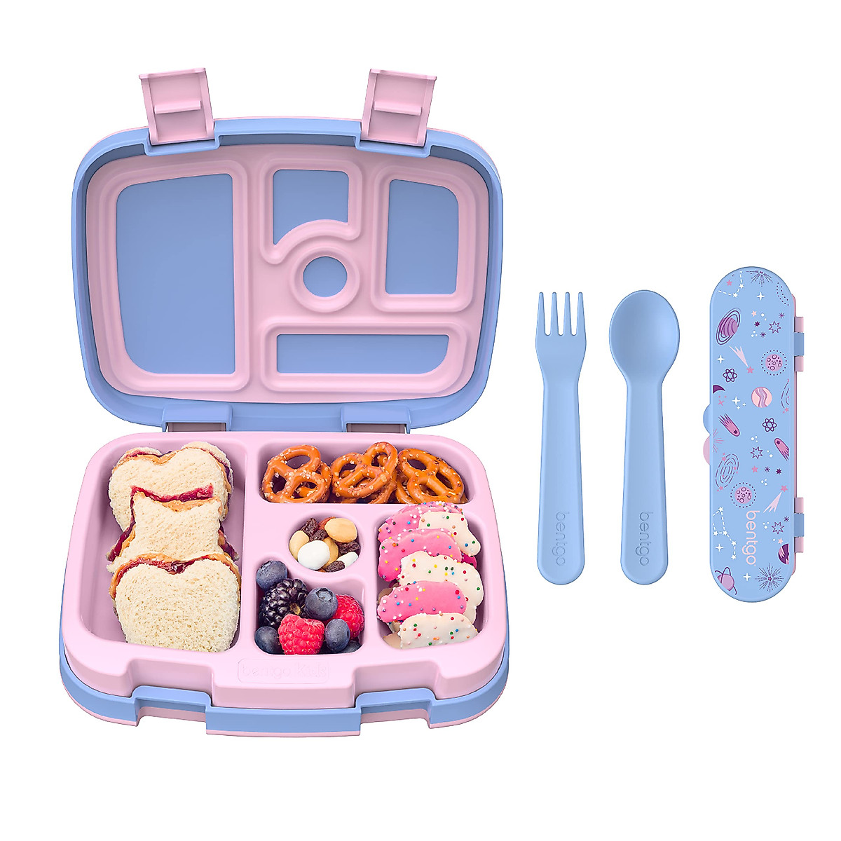 Bentgo® Kids Prints 5-Compartment Bento-Style Kids Lunch Box Set with Reusable Plastic Utensils (Lavender Galaxy)