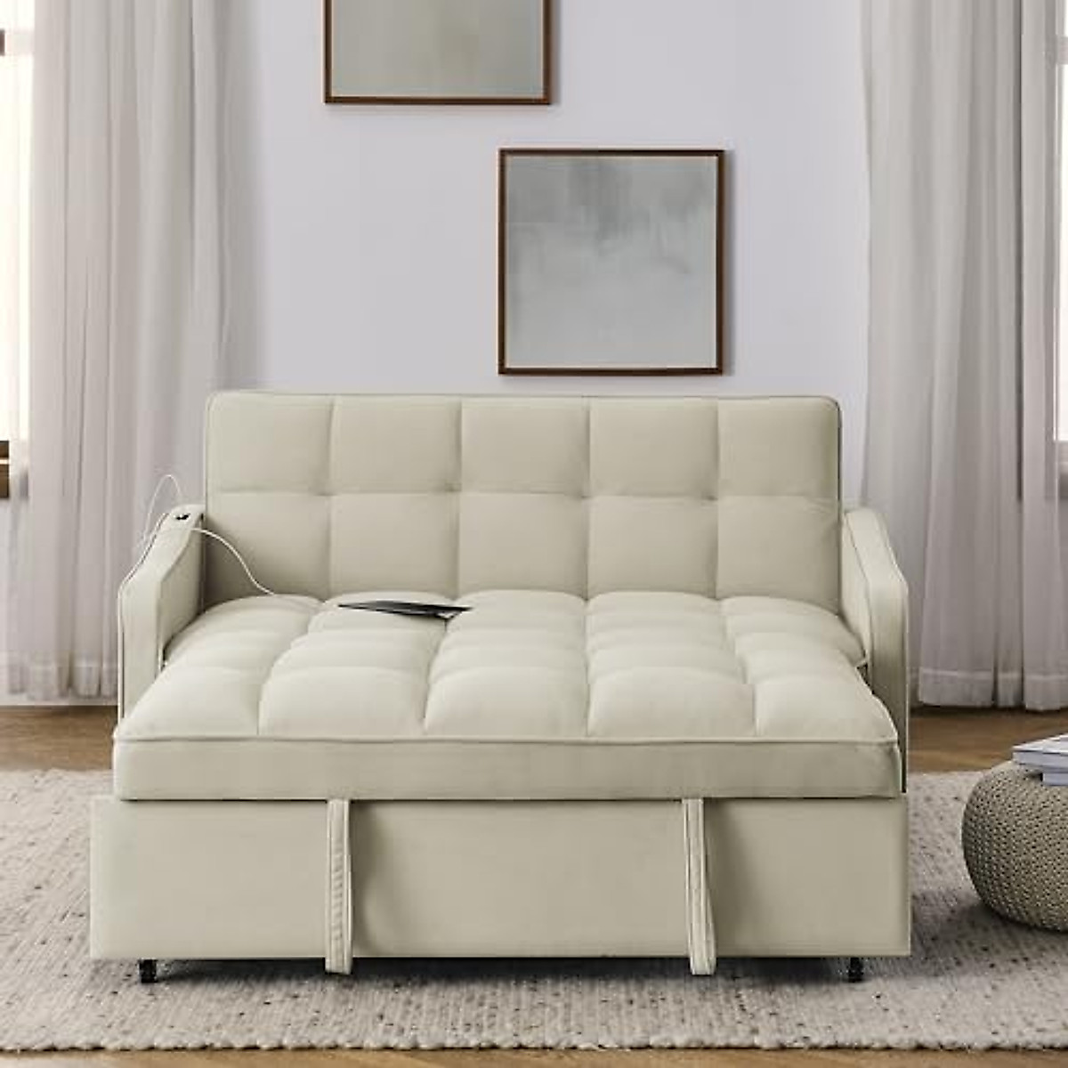 Upholstered Futon Loveseat Sofa Convertible to Sleeper Sofá Bed,Adjsutable Love Seat Chaise Lounge Couch Chair,Sofacama with Two Arm Pocket,Type C,USB Charging and Copper Nail for RV/Living Room