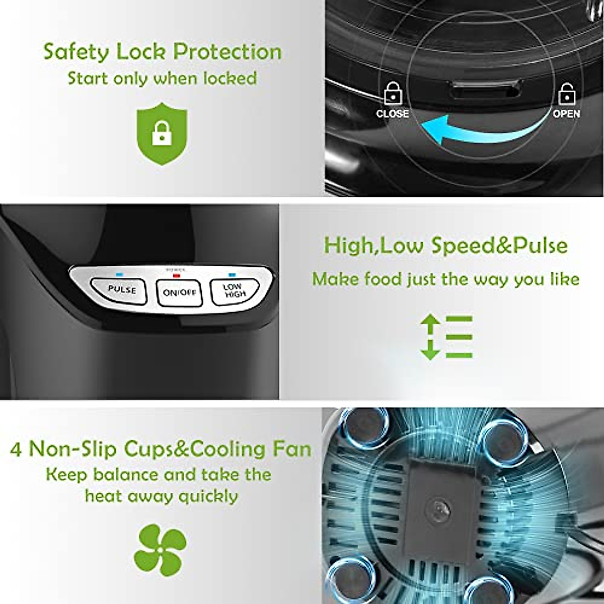 1000W Personal Bullet Blender for Shake and Smoothie, Healnitor Nutri Large Size Mixer with Blending and Grinding Blades for Kitchen, Tritan 32+15 Oz Travel Bottles for Fruits, Vegetables, Coffee, Black