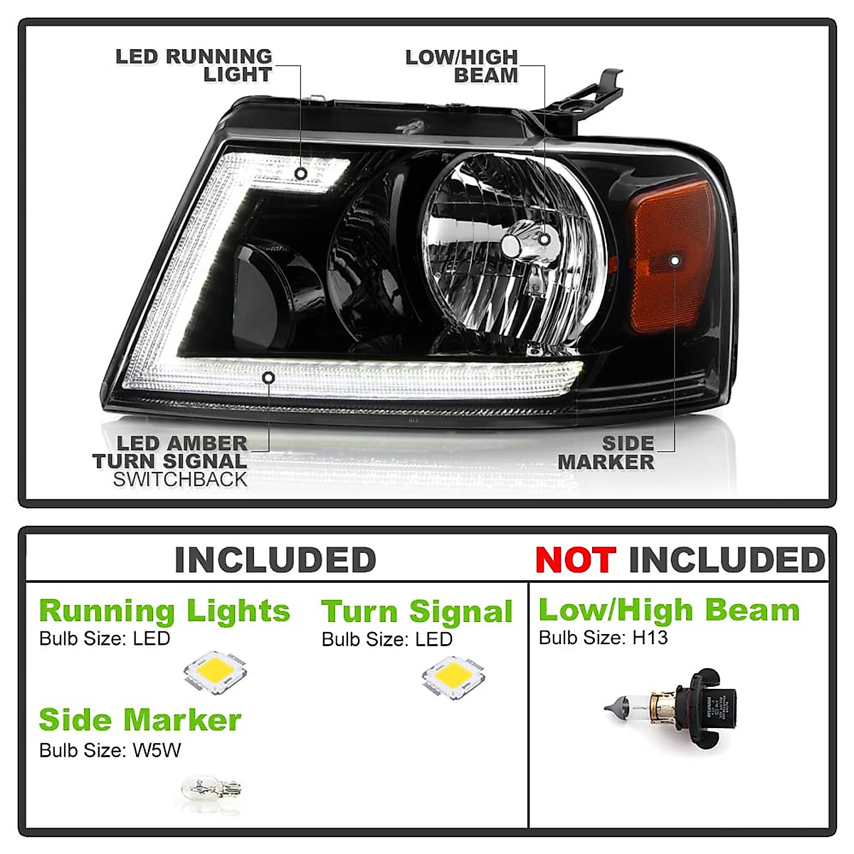 ACANII - For 2004-2008 Ford F150 06-08 Lincoln Mark LT Black LED Tube Switchback Signal Headlights Headlamps Left+Right