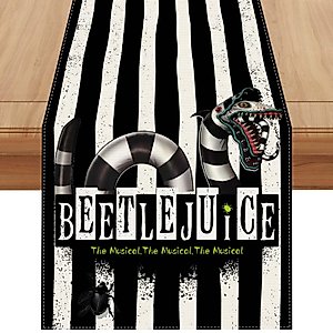 Linen Black and White Stripe Beetlejuice Halloween Table Runner 72 Inches Long Scary Halloween Birthday Party Decorations and Supplies for Home Kitchen Dining Room Table