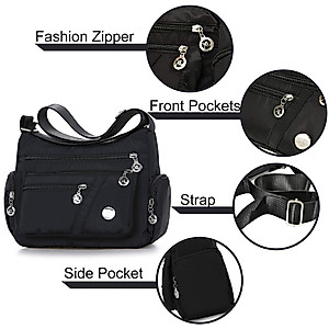 Nylon Crossbody Bags for Women Multiple Pockets Shoulder Purses Small Ladies Satchel Purse with Adjustable Strap Black