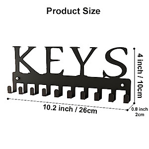 RT&BS Key Hooks for Wall, Key Holder Wall Mounted, Black Metal Hooks for Wall in Entryway Front Door Hallway Bathroom Kitchen, Key Sign 10.2 inches 10 Hooks