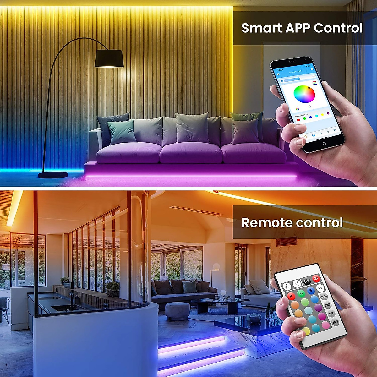 50ft Bluetooth LED Strip Lights, SMD5050 Music Sync LED Lights Strip，RGB Color Changing LED Lights with Remote, Smart Phone APP Control, LED Lights for Bedroom, TV, Room DIY (APP+Remote +Mic/50ftx1)