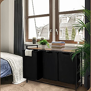 Graciadeco Pull Out Laundry Hamper 3 Compartment Laundry Sorter with Shelf 3 Section Laundry Basket with 3 x 16 Gallons Removable Bags, Black