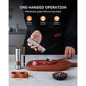 FORLIM Mini Electric Salt and Pepper Grinder Set with Wood Base, USB Rechargeable, Small Automatic Salt Pepper Mill Grinder, Travel/Outdoor BBQ/Children, One-Button Control (2 Packs, Stainless Steel)