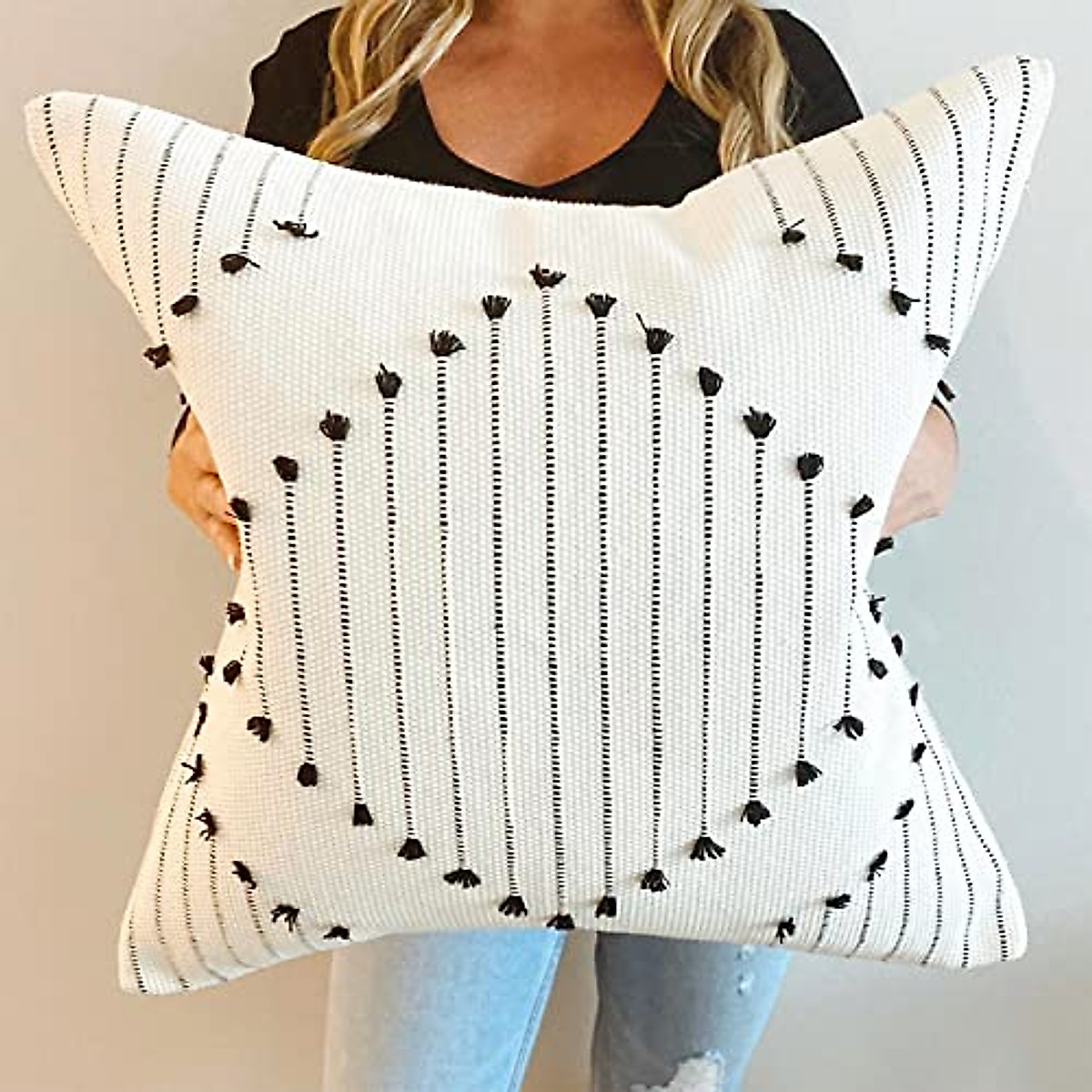 blue page Boho Throw Pillow Covers, Black and Cream White, Set of 2 Modern Farmhouse Accent Home Decor, Neutral Woven Decorative Pillow Covers for Couch/Bed (18 x 18 Inches, Cream/Black)