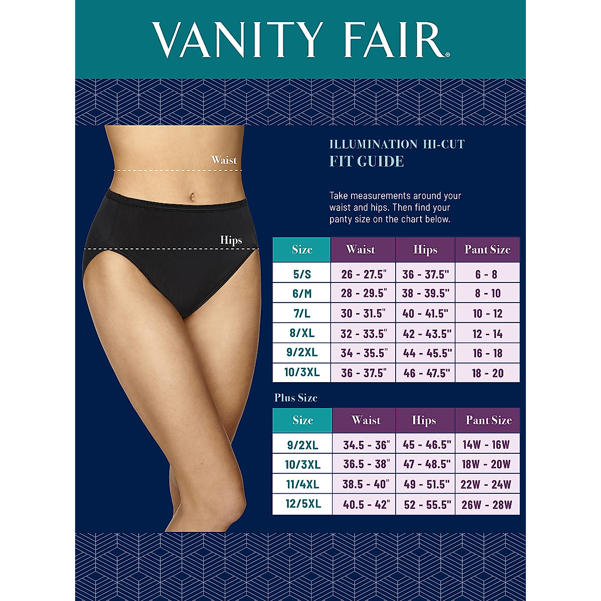 Vanity Fair Women's Illumination Hi Cut Panties, Silky Stretch & Satin Trim, 3 Pack-Midnight Black, 8