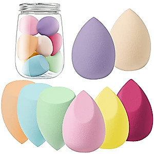 AUAUY 8 Pcs Makeup Sponge Blender Set, Beauty Sponge, Makeup Sponges for Foundation, Multi-color Makeup Sponge Set With 1 holder 1 Storage Tank, for Liquid, Cream, and Powder (3 Shapes)