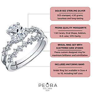 PEORA 1.50 Carats Oval Cut Moissanite Engagement Ring and Wedding Band Bridal Set Scattered Side Stones 925 Sterling Silver, D-E Color, VVS Clarity, Size 9.5