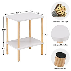 Apicizon 2 Tier End Table, Boho Side Table with Storage Shelf, Nightstand Bedside Table for Small Spaces, Bedroom, Living Room, Entryway, Farmhouse, Easy Assembly, White+Natural