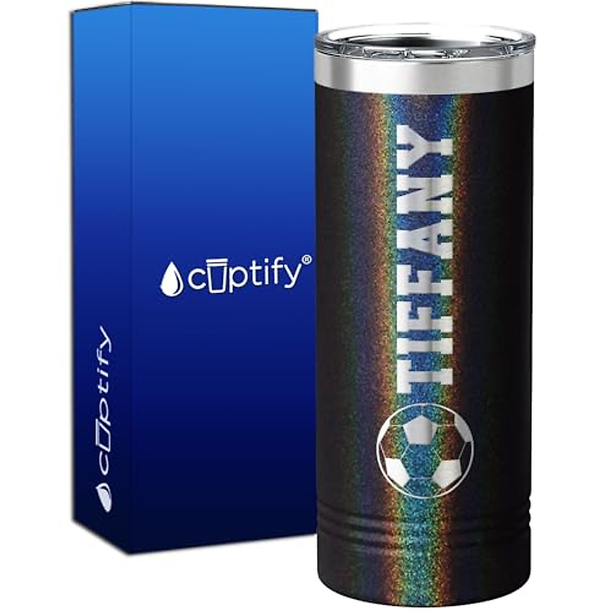 Personalized Soccer Ball Tumbler with Lid Laser Engraved on Black Glitter 22 oz Stainless Steel Insulated Cup Birthday Gift for Men, Women, Sports Lover