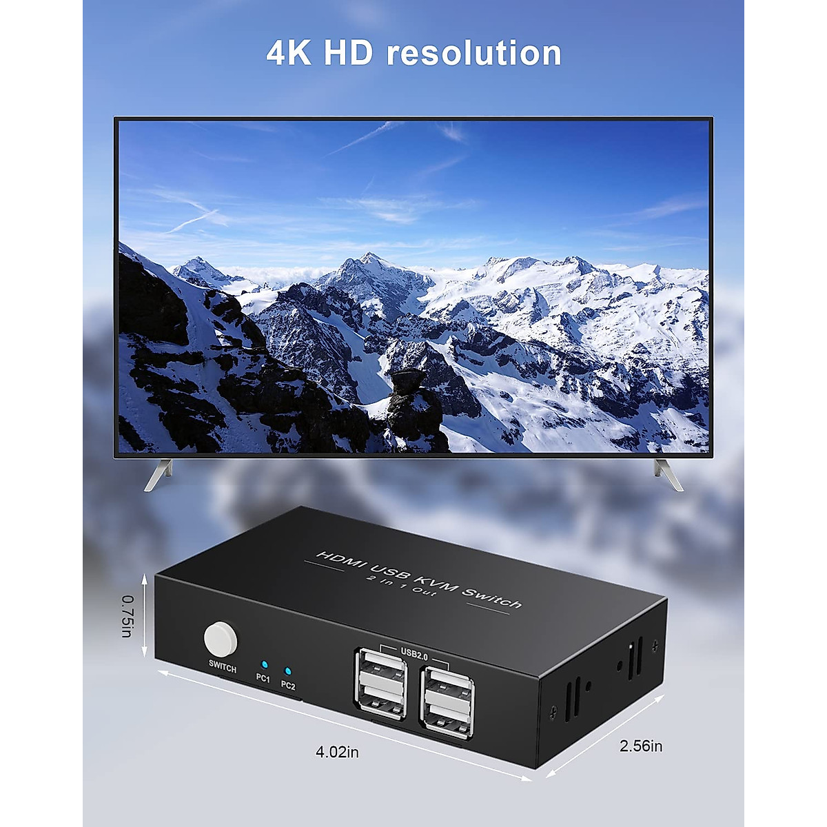 Rybozen KVM Switch HDMI 2 Port Box,USB Switch selector with 4 USB 2.0 Hub Share 2 Computers, UHD 4K@30Hz, Support Wireless Keyboard and Mouse, Powered by USB,with 2 HDMI and 2 USB Cables