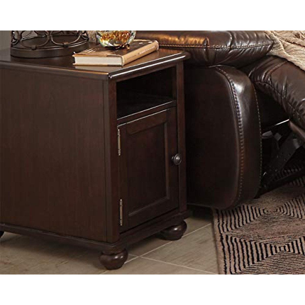 Signature Design by Ashley Barilanni Traditional Chair Side End Table with 1 Storage Cubby, 2 Fixed Shelves, 2 USB Ports & Outlets, Dark Brown