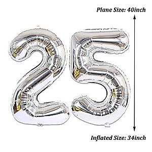 40 Inch Giant 25 Number Balloons Jumbo Silver Number Balloons Foil Helium Balloons for Festival Birthday Anniversary Supplies Home Office Decorations - Silver 25