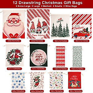POPGIFTU Christmas Canvas Gift Bags with Drawstring, 12 PCs Christmas Santa Sack, Reusable Cotton Xmas Sack Cloth Bag for Xmas Package Storage, Christmas Party Supplies Favors