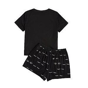 WDIRARA Women's Cute Cartoon Print Closed Eyes Print Tee and Shorts Pajama Set Black M