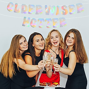 BEISHIDA Iridescent Glitter Older Wiser Hotter Banner -NO DIY - Pre-Strung Birthday Banner Decoration for 40th 50th 60th 70th 80th Women Funny Cute Birthday