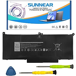 SUNNEAR F3YGT 7.6V 60Wh Battery Replacement for DELL Latitude 12 7000 7280 7290 13 7000 7380 7390 14 7000 7480 7490 Laptop DM3WC 0DM3WC 2X39G