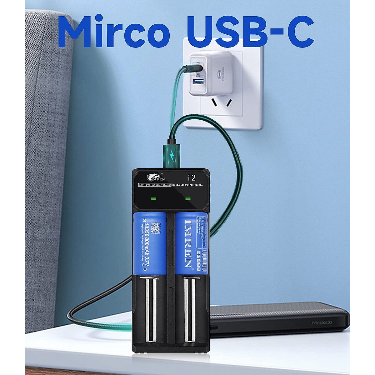 IMREN IMR 18350 3.7V Button Top Rechargeable Batteries with 18350 Battery Charger,18350 15A Discharge Rechargeable Li-ion Battery 800mAh for Flashlight - 4PCS