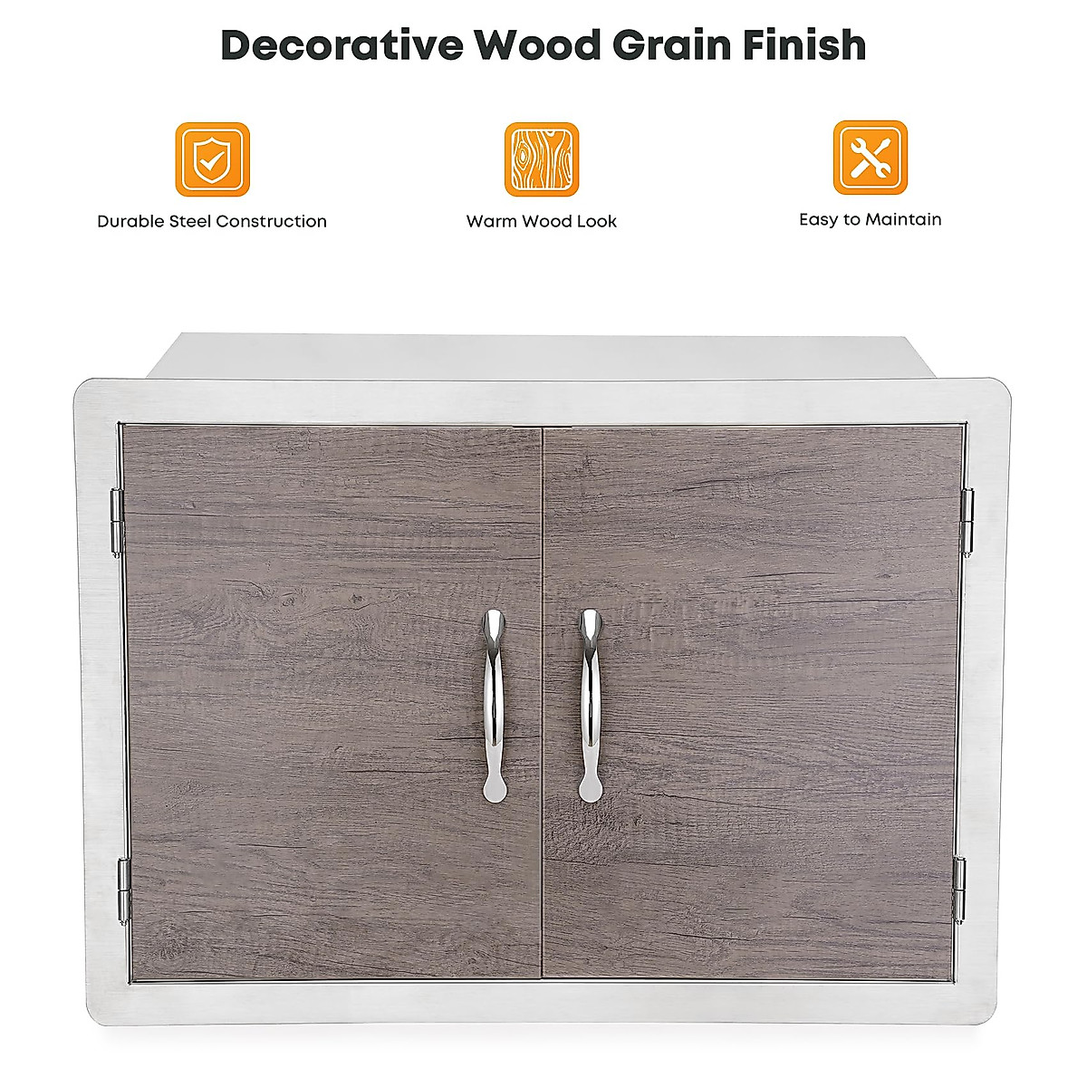 Stanbroil Double Door Dry Storage Pantry, 30-Inch Wood Grain Storage Cabinet BBQ Access Door for Outdoor Kitchen, BBQ Island and Grill Station