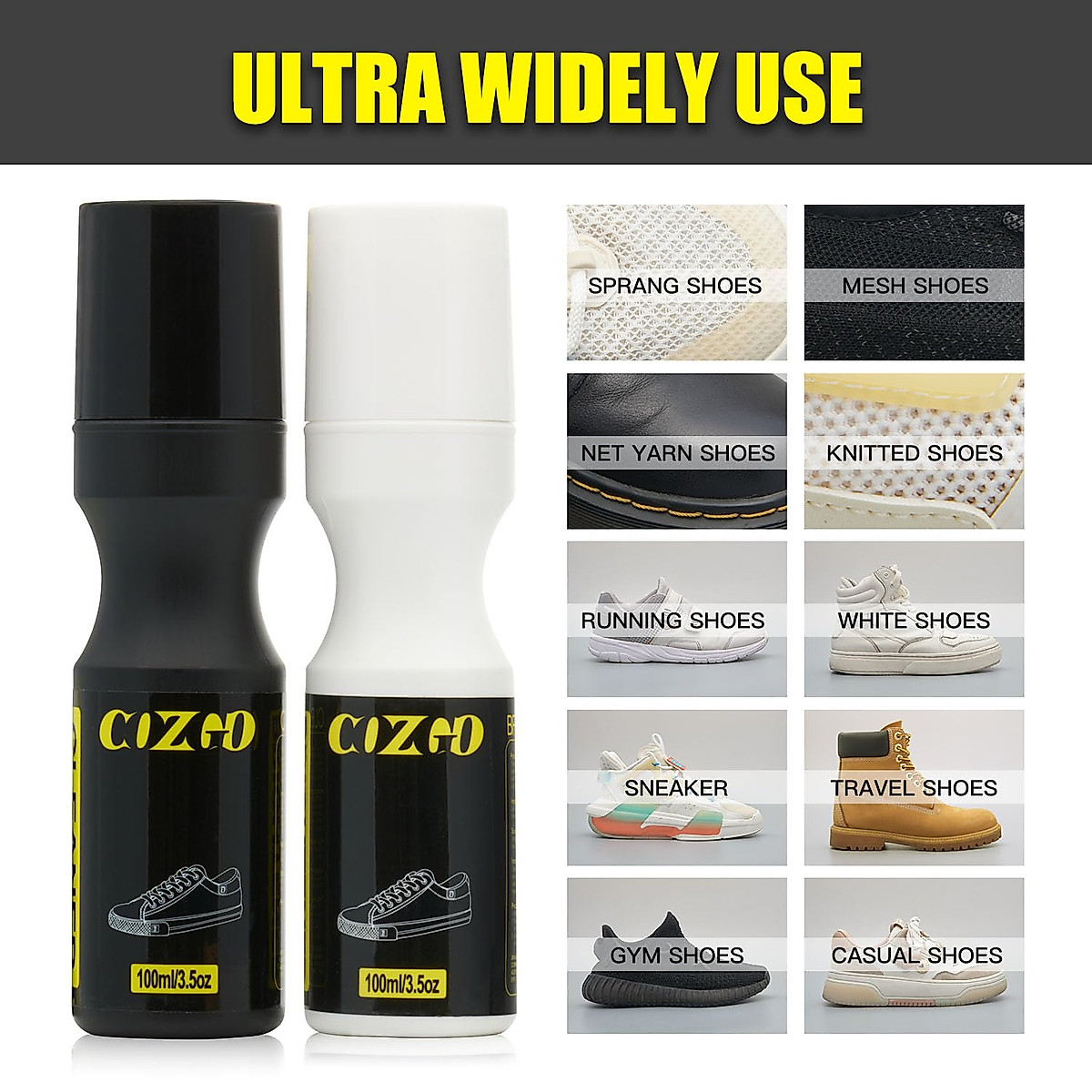 Shoe Cleaner Whitener for Sneaker, COZGO Shoe Cleaning and Whitening Kit, 3.5oz Shoe Cleaner and 3.5oz Whitener, No extra brushes needed,Work on White shoe,Sneaker,Canvas,Mesh,Tennis,PU,Fabric,Leather