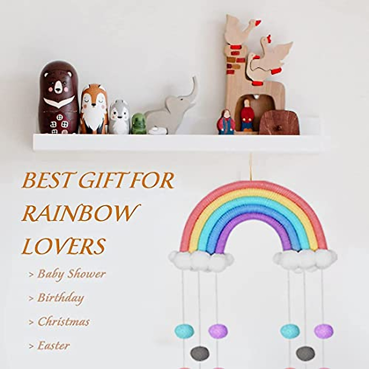 Boho Rainbow Nursery Decor Pom Pom Ball Handmade Macrame Rainbow Cloud Raindrop Wall Hanging Tassel for Home Decor Baby Room Nursery Classroom Dorm Room Baby Shower Party Supplies -Pink