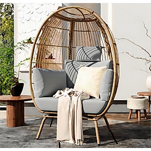YITAHOME Egg Chair Wicker Outdoor Indoor, Oversized Lounger with 370lbs Capacity Large Egg Chairs with Stand Cushion Egg Basket Chair for Patio, Balcony, Bedroom - Grey