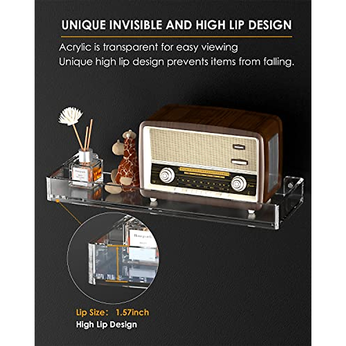 MaxGear Acrylic Shelves Clear Floating Shelves for Wall, Heavy Duty Acrylic Clear Display Shelves with Edge, 5mm Extra Thicker Hanging Shelves Floating Bookshelves for Bathroom, Bedroom, Kitchen