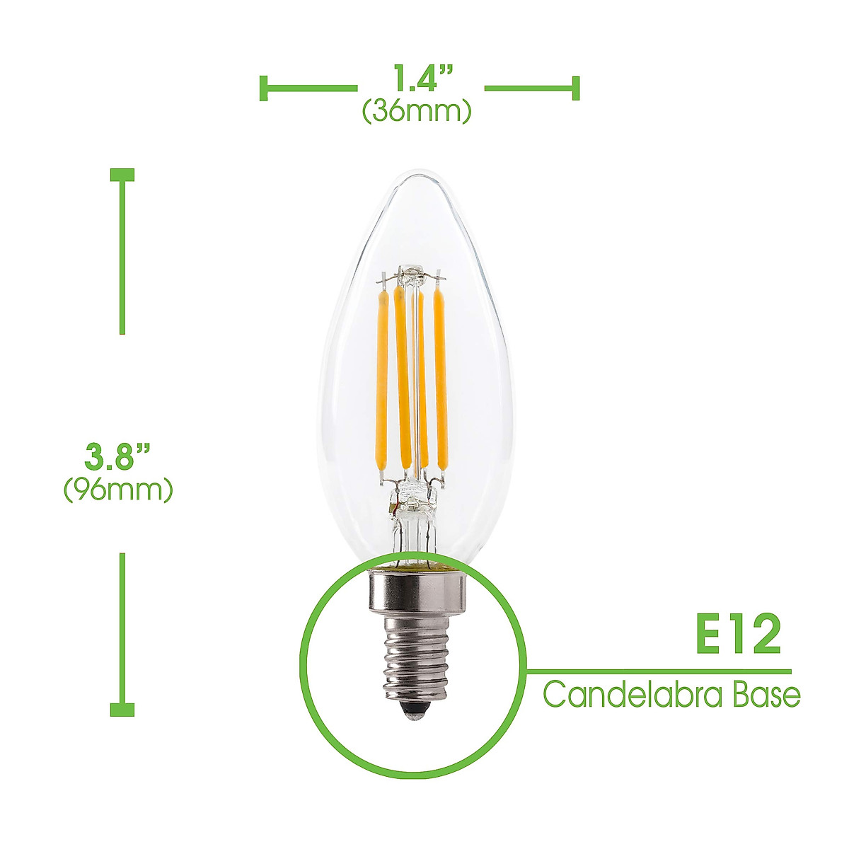 Greenlite LED B11 5W Torpedo Filament Chandelier Light Bulb, 60W Equivalent, 500 Lumens, 2700K Soft White, Dimmable, 120V, E12 Candelabra Base, Energy Star, Clear (6 Pack)