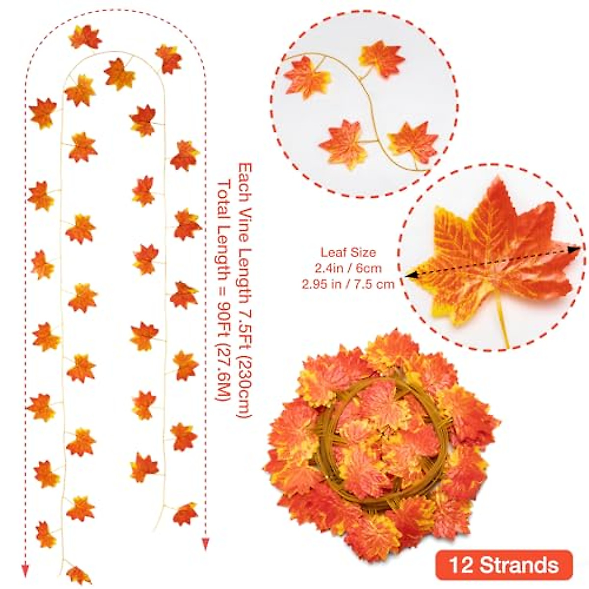 Noverlife 12 Pack 90Ft Artificial Maple Leaf Vine, Fake Foliage Autumn Leaves Garland Hanging Plant for Home Garden Hotel Wedding Party, Fall Leaves Vines for Thanksgiving Holloween Festivals Decor