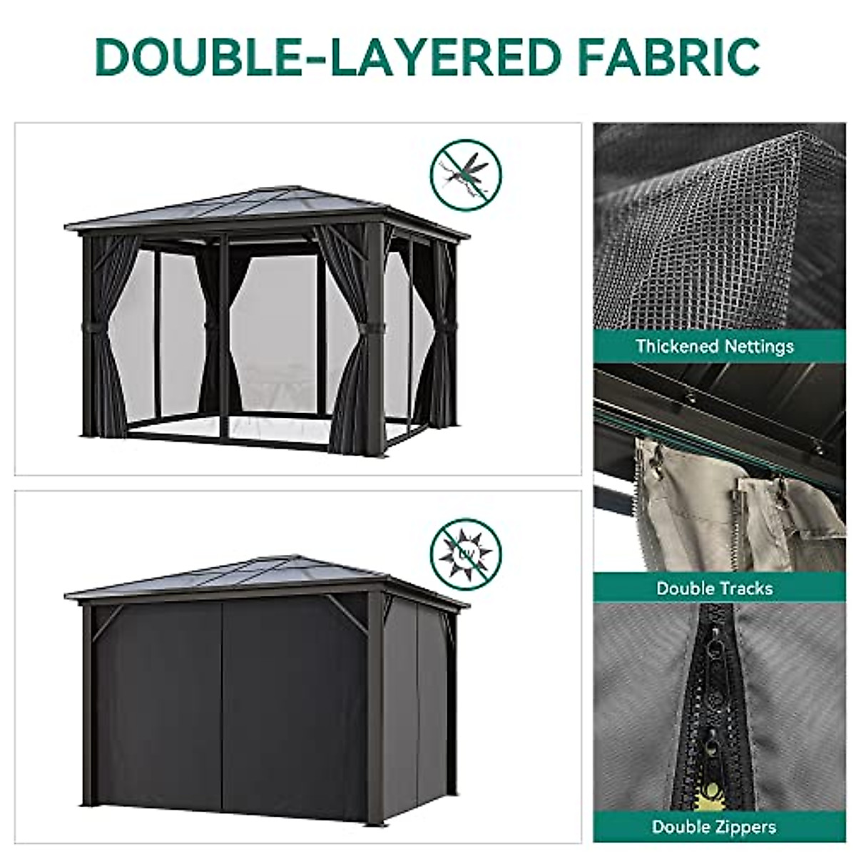 YITAHOME 10x12ft Hardtop Gazebo Outdoor Polycarbonate Canopy with Netting and Shaded Curtains, Aluminum Frame Garden Tent for Patio, Backyard, Deck and Lawns