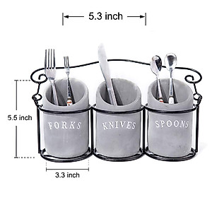 MADECO Kitchen Utensil Holder Set 3 Pieces Cement Utensil Crocks & 1 Portable Wire Caddy - Embossed Design-Organize Your Flatware & Silverware with Ease (Round)