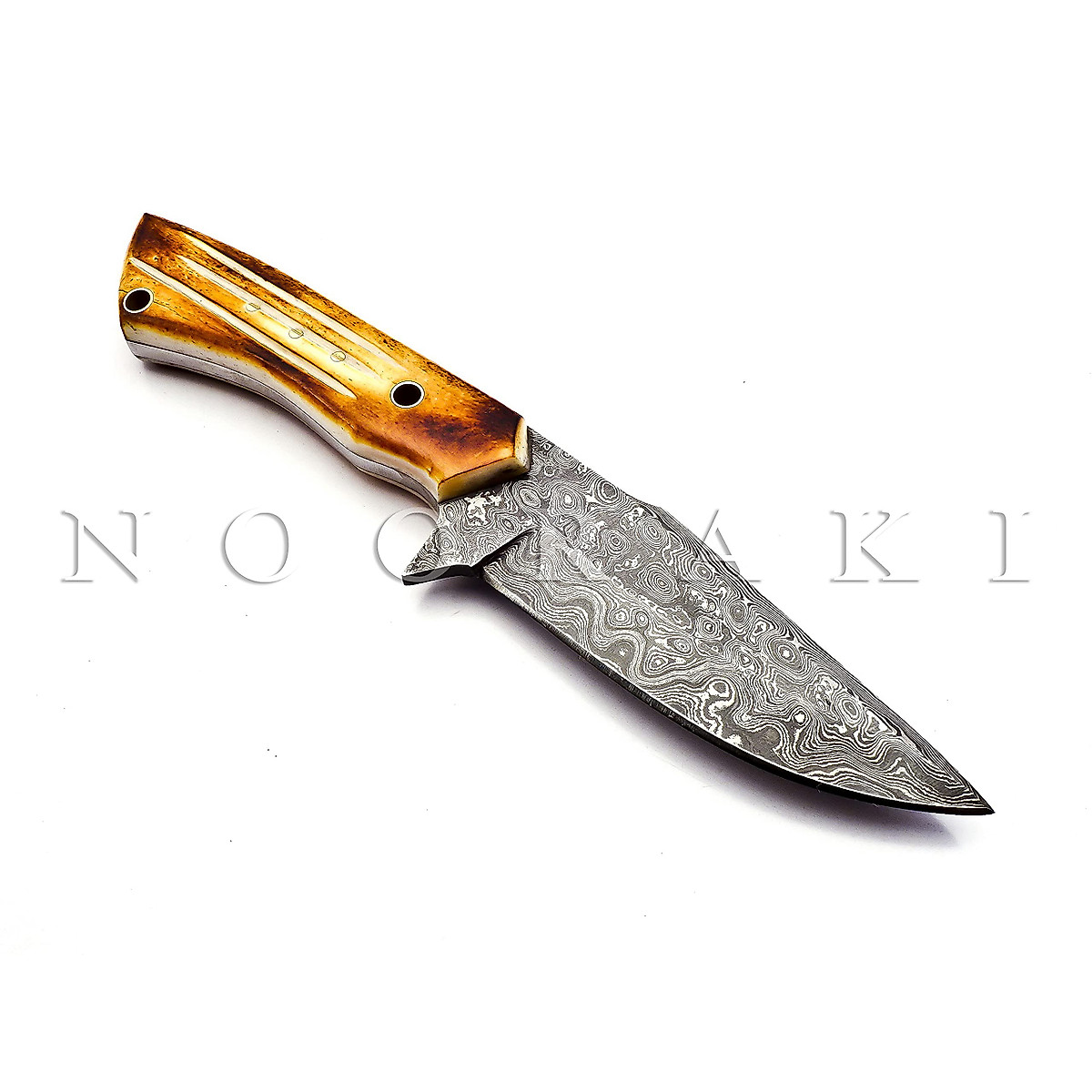HK-326 Custom Handmade Damascus Steel Knife - Full Tang Fire Camel bone Handle, with Leather Sheath, Ideal Knife for Camping or everyday use