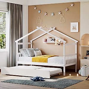 voqoomkl Twin Size Floor Bed with Twin Size Trundle, Wooden House Bed with Headboard and Footboard, Daybed with Roof Design and Wood Slats Supprt for Boys Girl Bedroom, No Box Springs Required, White
