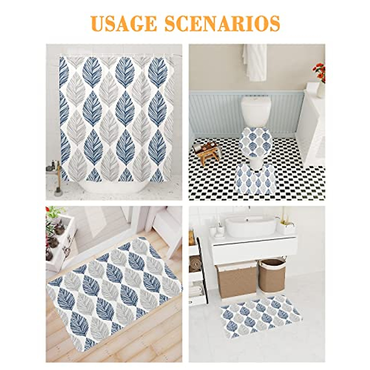 4 Pcs Shower Curtain Set with 12 Hooks Grey and Navy Blue Olive Leaf Texture Watercolor Hand Drawn Bathroom Sets with Non-Slip Bath Mat Toilet Lid Cover Waterproof Durable Shower Curtain and Rugs