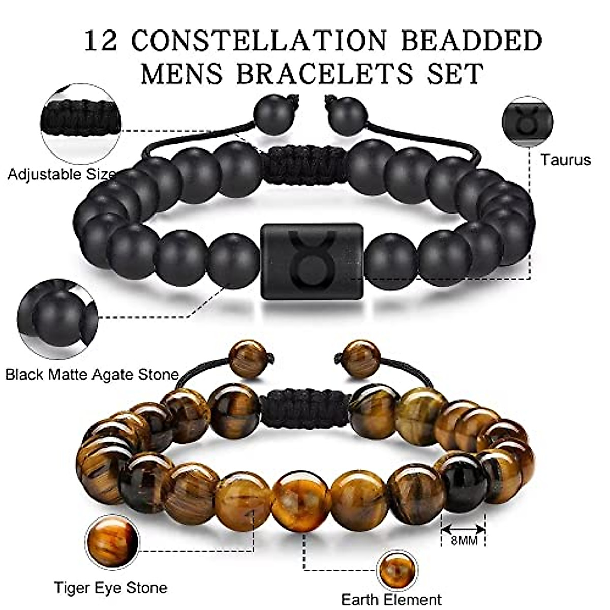 Zodiac Taurus Gifts Bracelets for Men Women, Mens Taurus Gifts Natural Tiger Eye & Matte Agate Stone Zodiac Beaded Bracelets Constellation Horoscope Jewelry Taurus Gifts Bracelets for Men Women