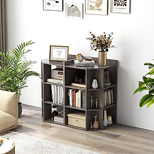 Byroce 9 Cube Corner Cabinet, 3-Tier Wooden Cube Storage Organizer Bookshelf with Charging Station, 2 USB Ports & 4 Outlets, 90 Degree Cubby Corner Shelf for Living Room, Bedroom & Playroom (Gray)