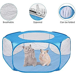 M MAIUS Small Animal Playpen, Pet Cage with Top Cover Anti Escape, Waterproof Small Animal Cage Transparent Yard Fence for Dog Cat Bunny Puppy Rabbits Guinea Pig Hamster Chinchillas Playpen (New Blue)
