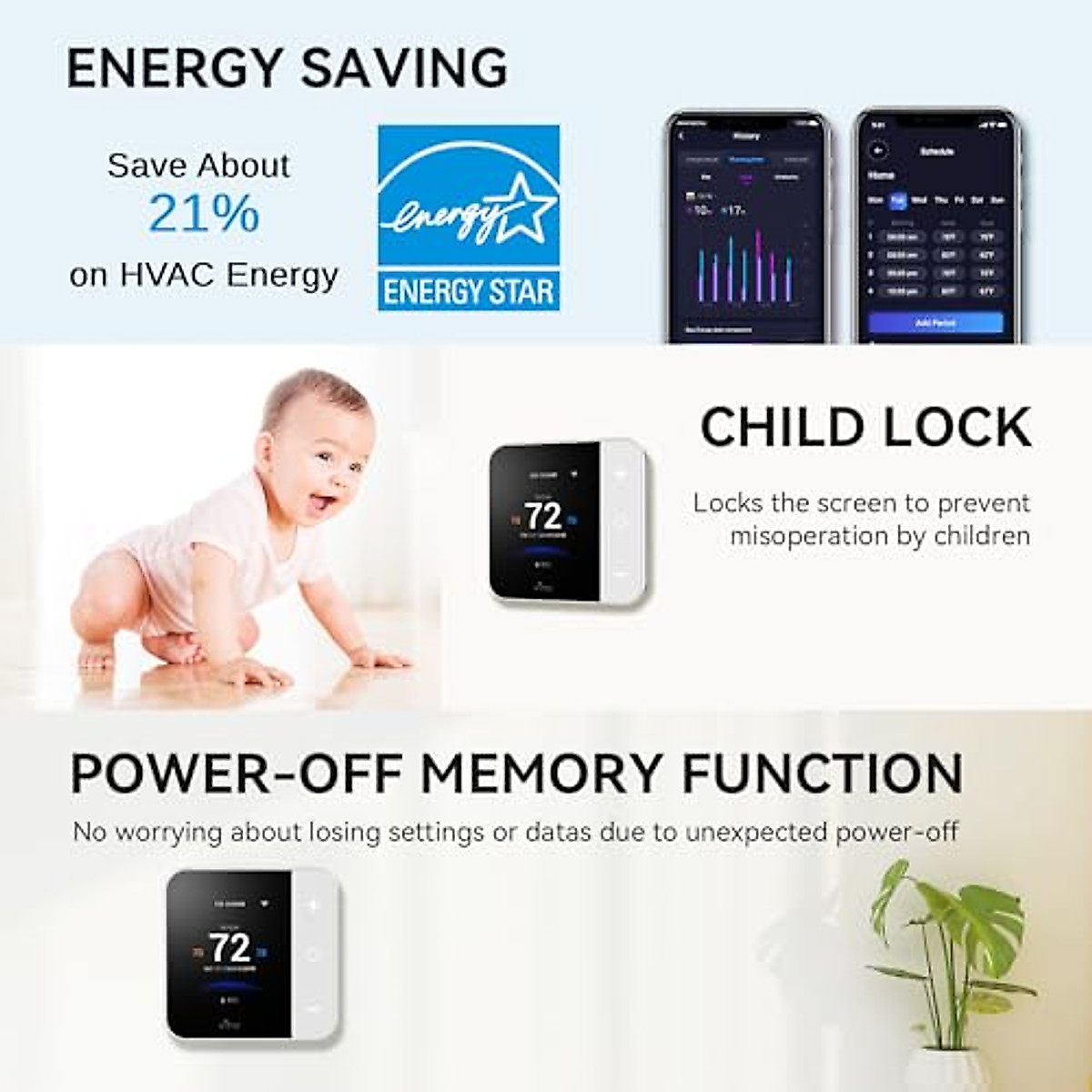 Vine Thermostat for Home with Touchscreen Color Display, WiFi Smart Thermostat Compatible with Alexa and Google Assistant, 7day/8period Programmable, Energy Saving, C-Wire Required, Screen Size 2.8"