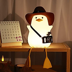 Hinittey Cute Cowboy Duck Lamp, Silicone Duck Light with Cowboy Hat & Mini Camera & USB Rechargeable & Touch Control Dimmable & Timer for Nursery, Birthday Xmas Baptism Gifts for Babys Girls Boys