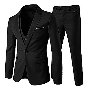 Mens Notch Lapel Modern Fit Suit Blazer Jacket Tux Vest and Trousers Set Three-Piece,Black,Large